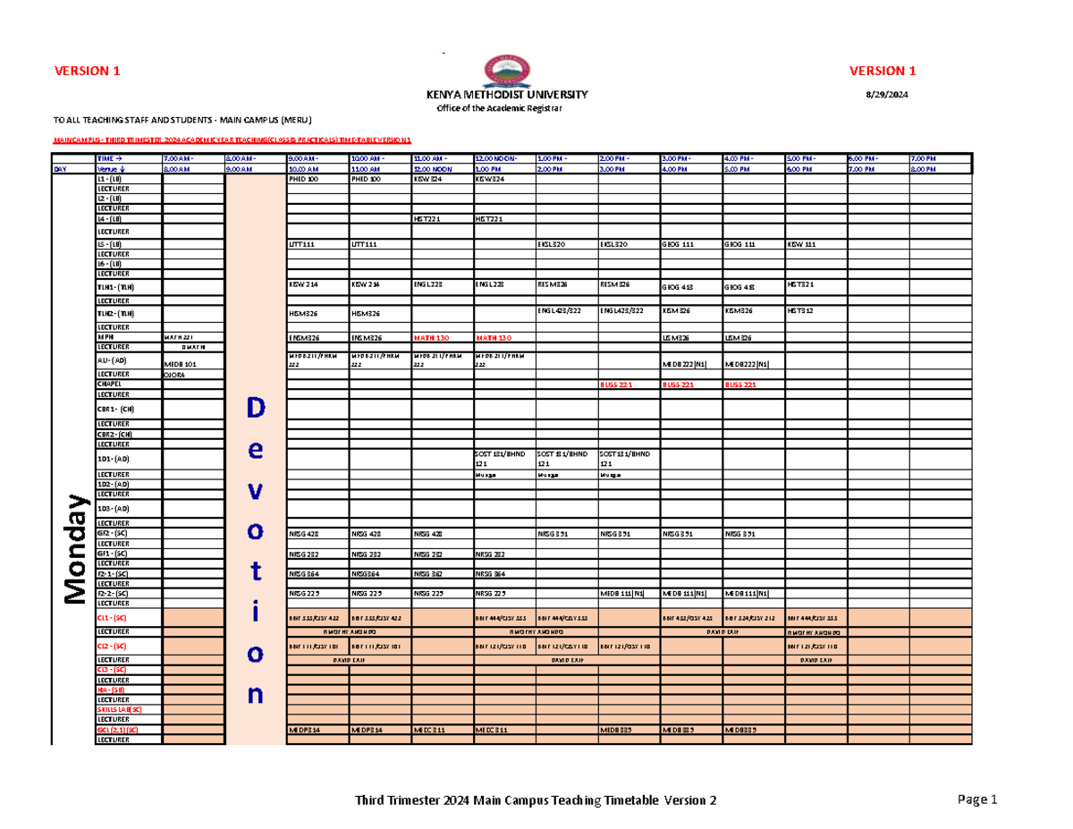 Third Trimester 2024 Main Campus Teaching Timetable Version 2 - Studocu