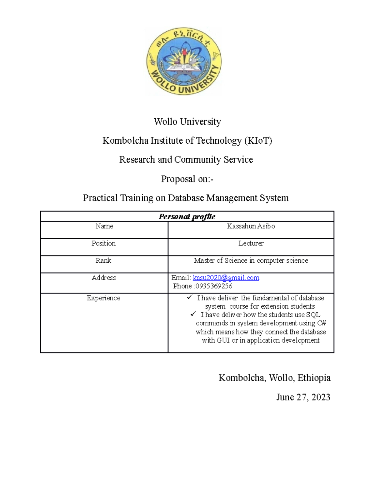 Database Training for students - Wollo University Kombolcha Institute ...