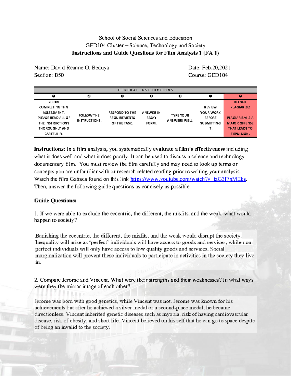 Film Analysis 1 (FA 1) - Gattaca Movie (1) Beduya - School of Social ...
