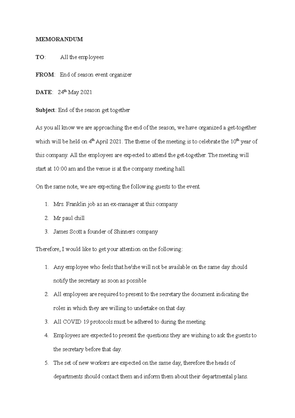 Corporate change process - MEMORANDUM TO : All the employees FROM : End ...