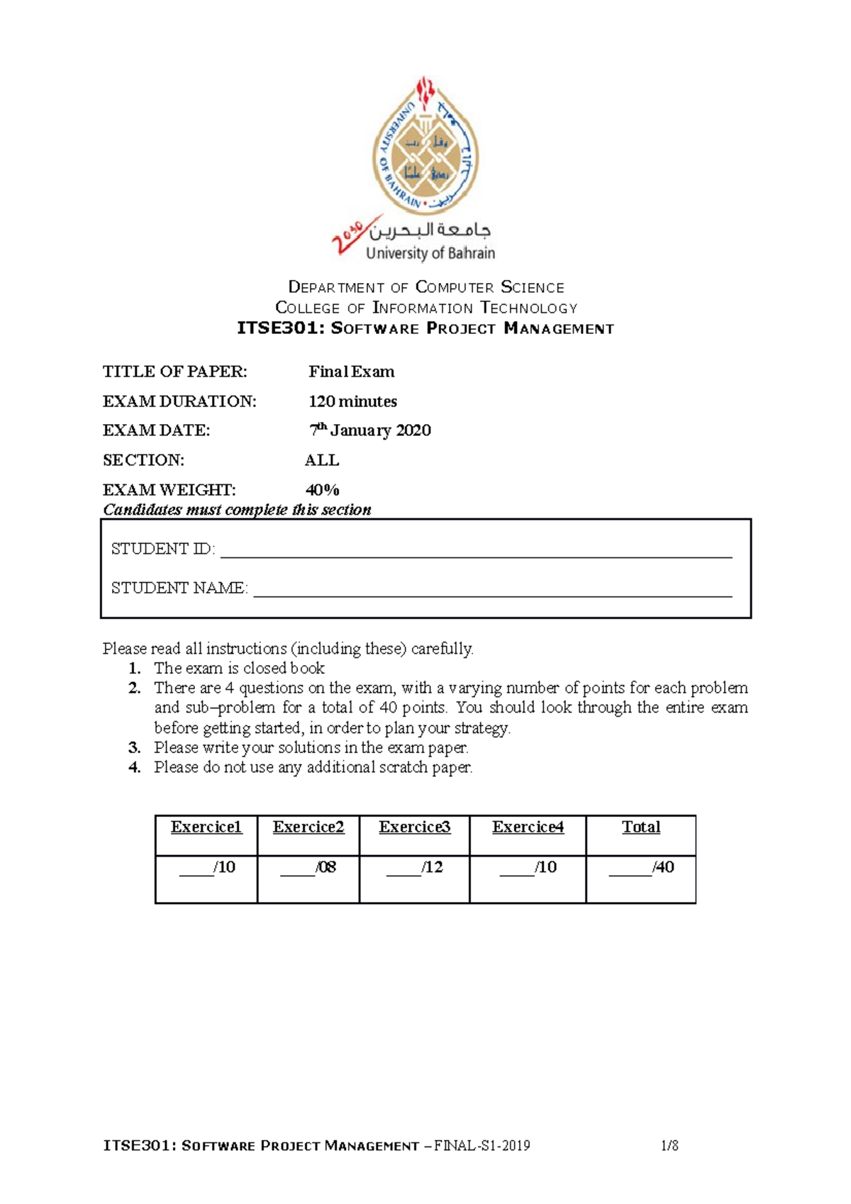 2019 Final Test Key Answers - Software project management- 2 - UOB ...