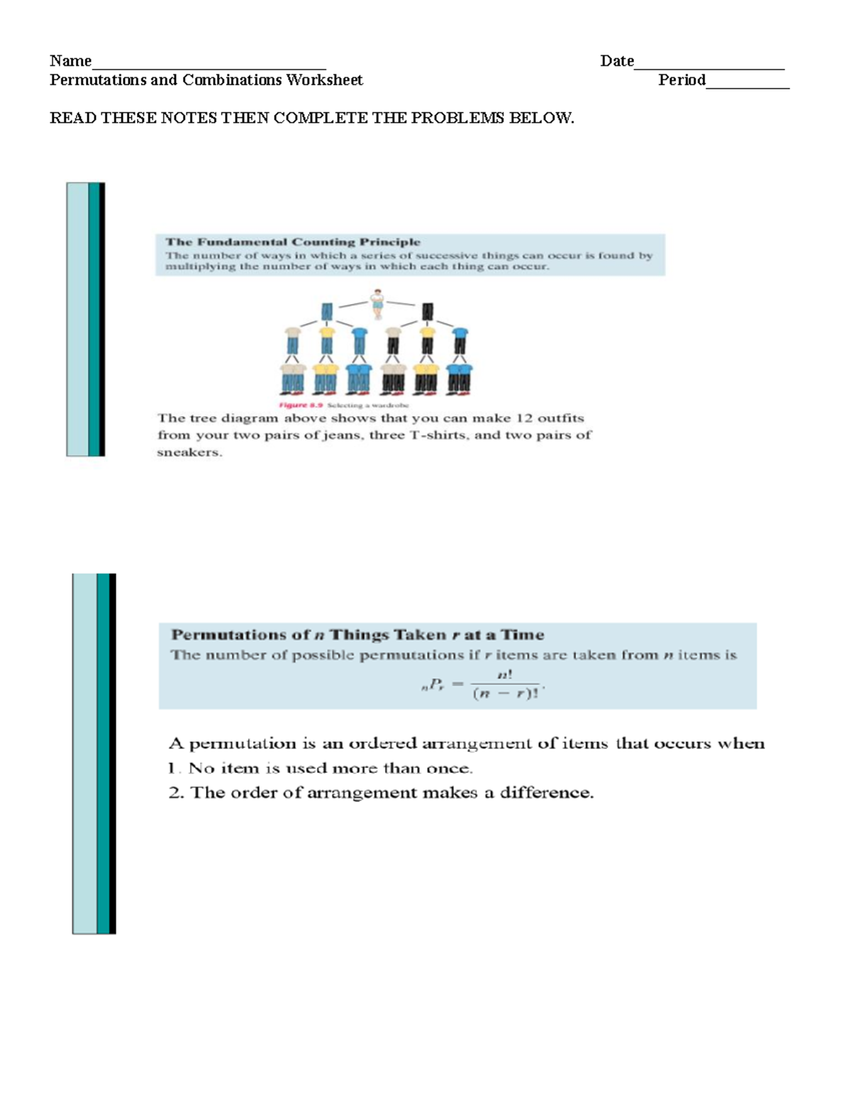 Permutatios and Combinations Worksheet - Name ...