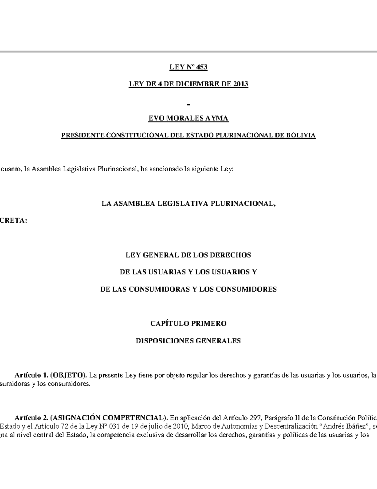 2013 - LEY 0453 - Derechos Usuarios y Consumidores - LEY Nº 453 LEY DE 4 DE DICIEMBRE DE 2013 ...