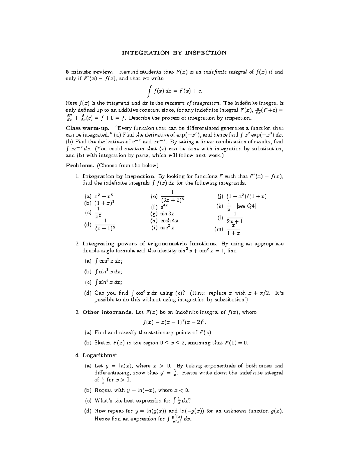 Semester 2 Integration by Inspection - INTEGRATION BY INSPECTION 5 ...