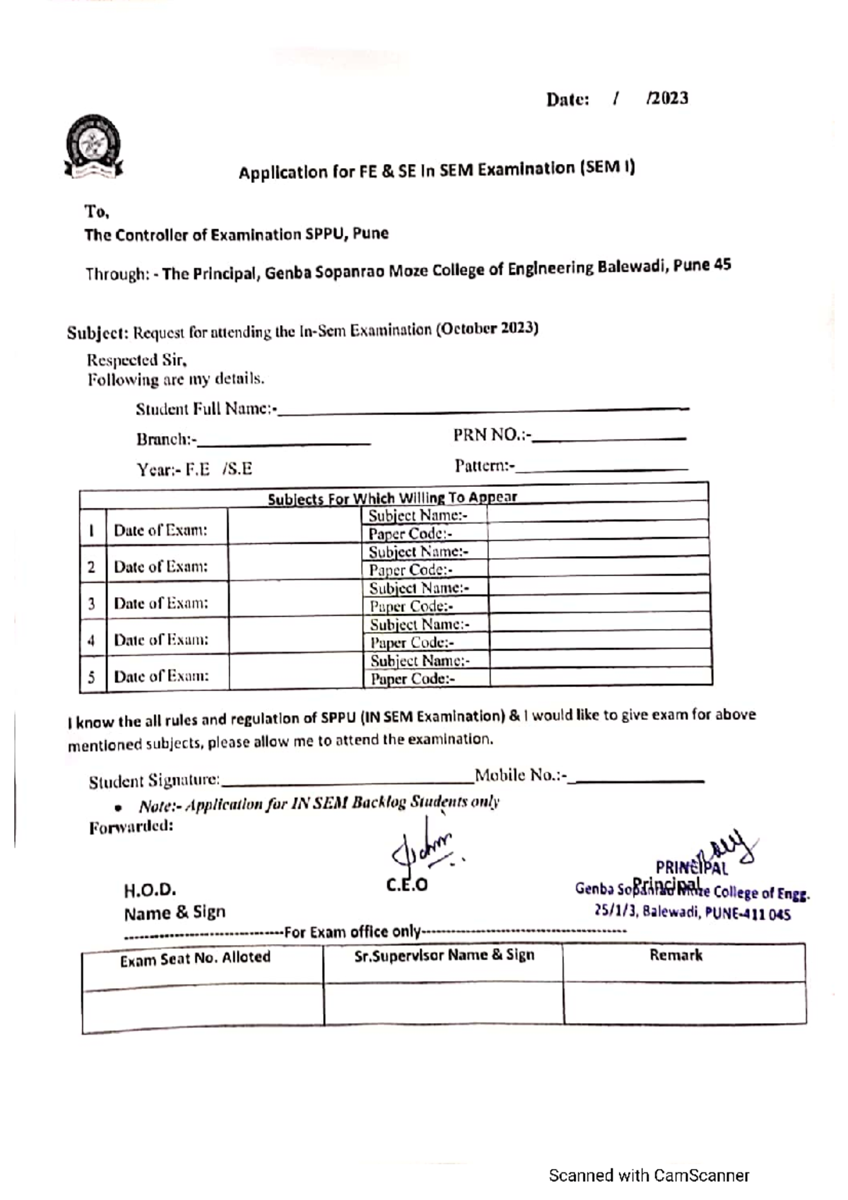 FE and SE improvement insem exam form - Computer Engineering - Studocu