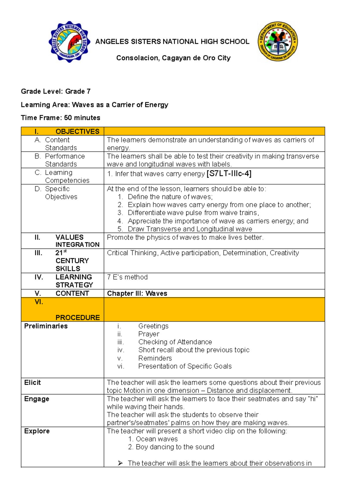 Waves-as-a-Carriers-of-Energy - Grade Level: Grade 7 Learning Area ...