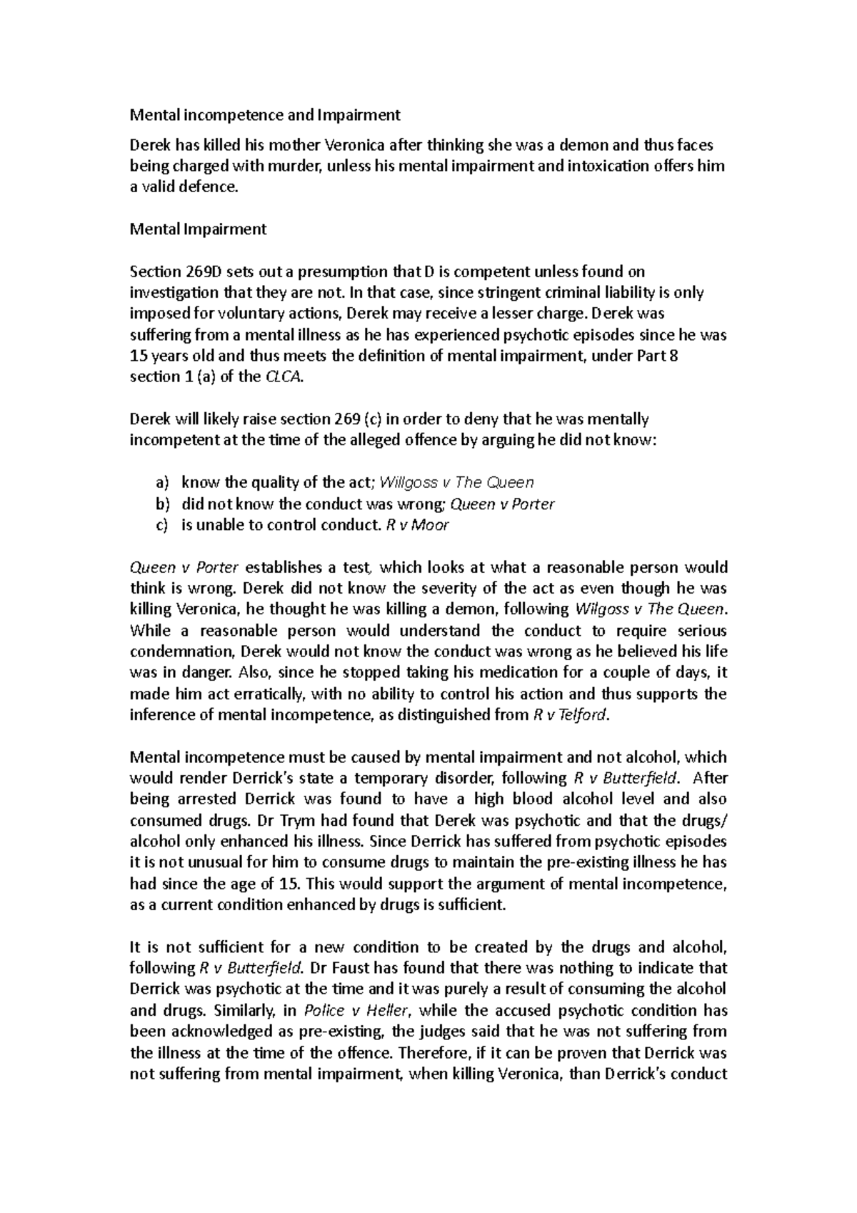 Mental incompetence and Impairment - Mental Impairment Section 269D ...