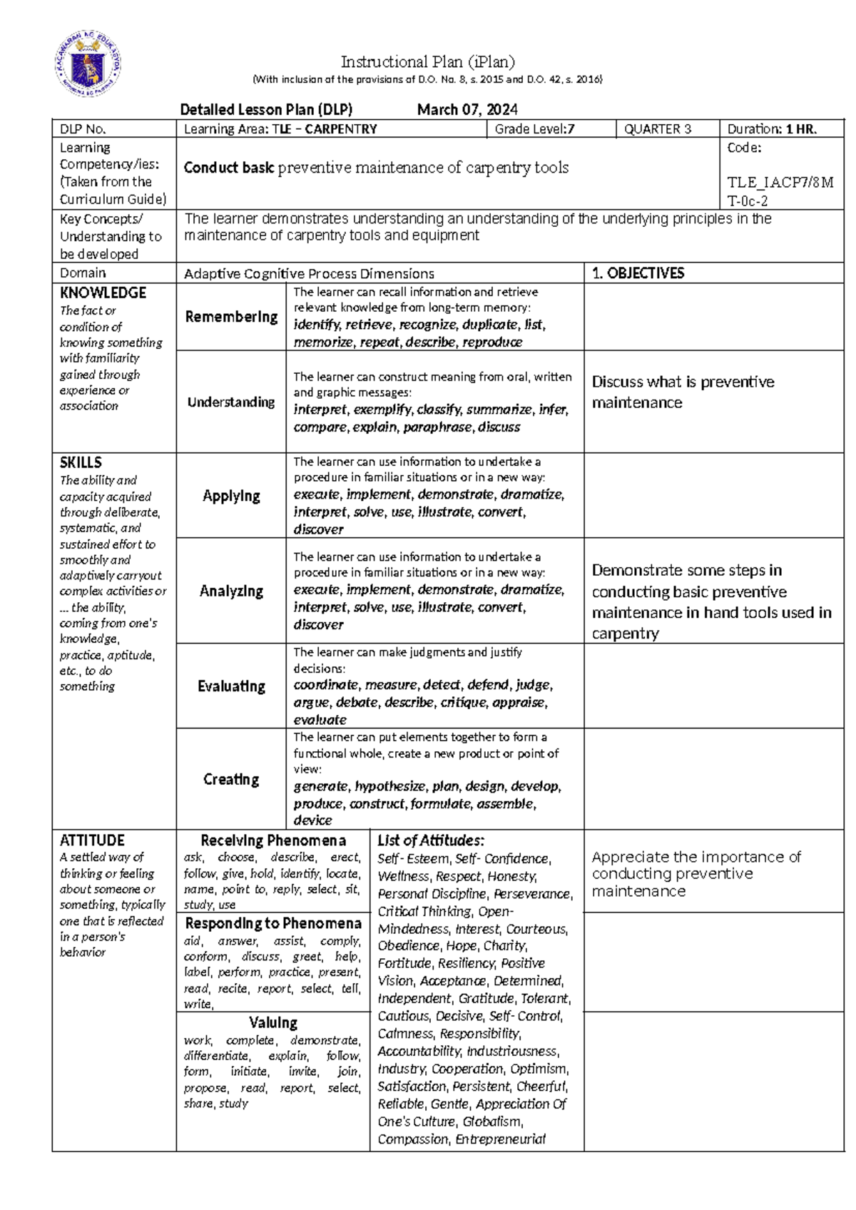 COT 3 TLE - Instructional Plan (iPlan) (With inclusion of the provisions of D. No. 8, s. 2015 ...