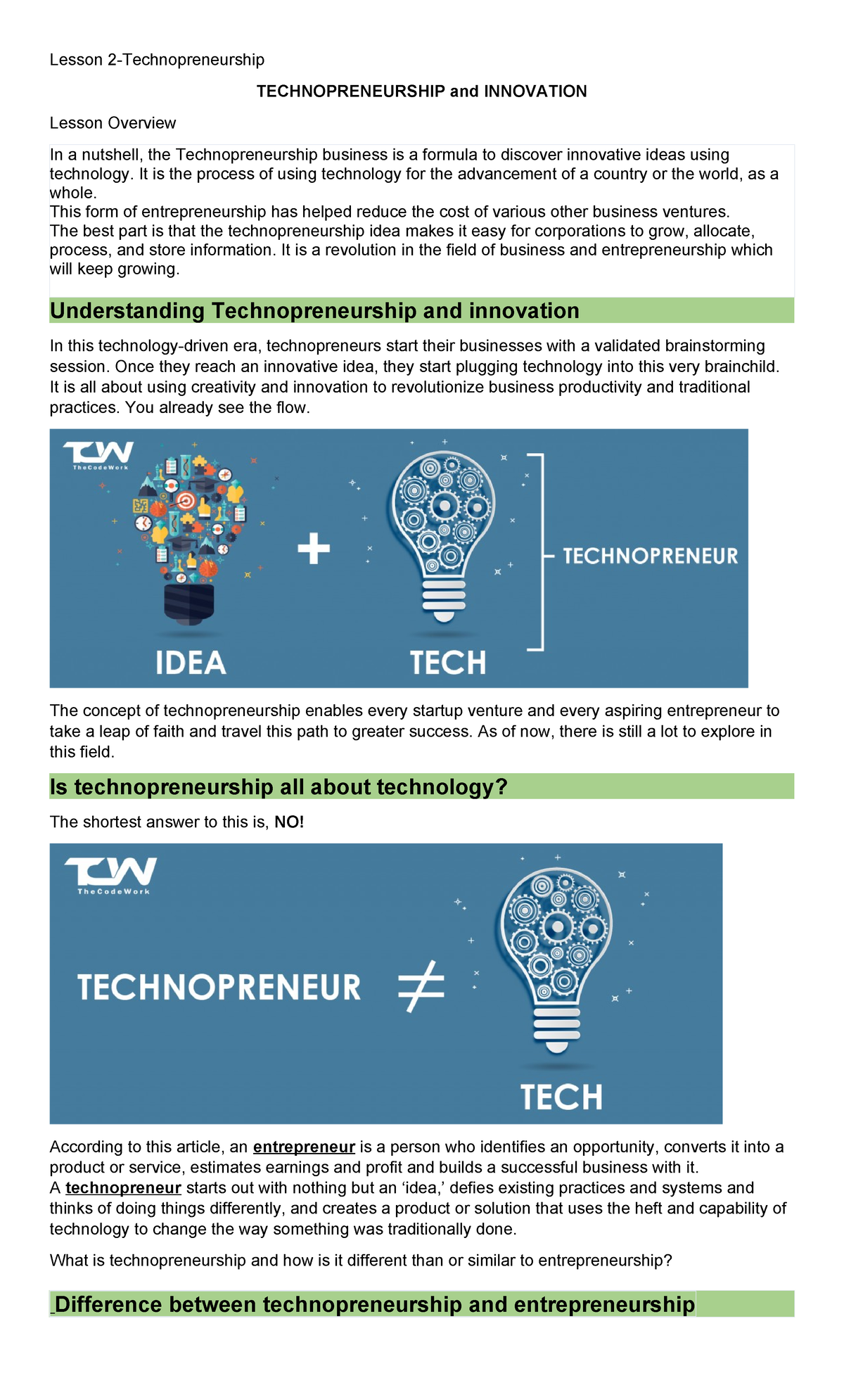 Lesson 2 - Lecture - Lesson 2-Technopreneurship TECHNOPRENEURSHIP and ...