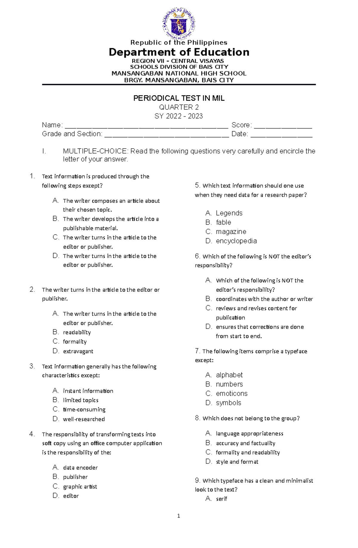 1st Quarter Exam in MIL for QA - Republic of the Philippines Department ...