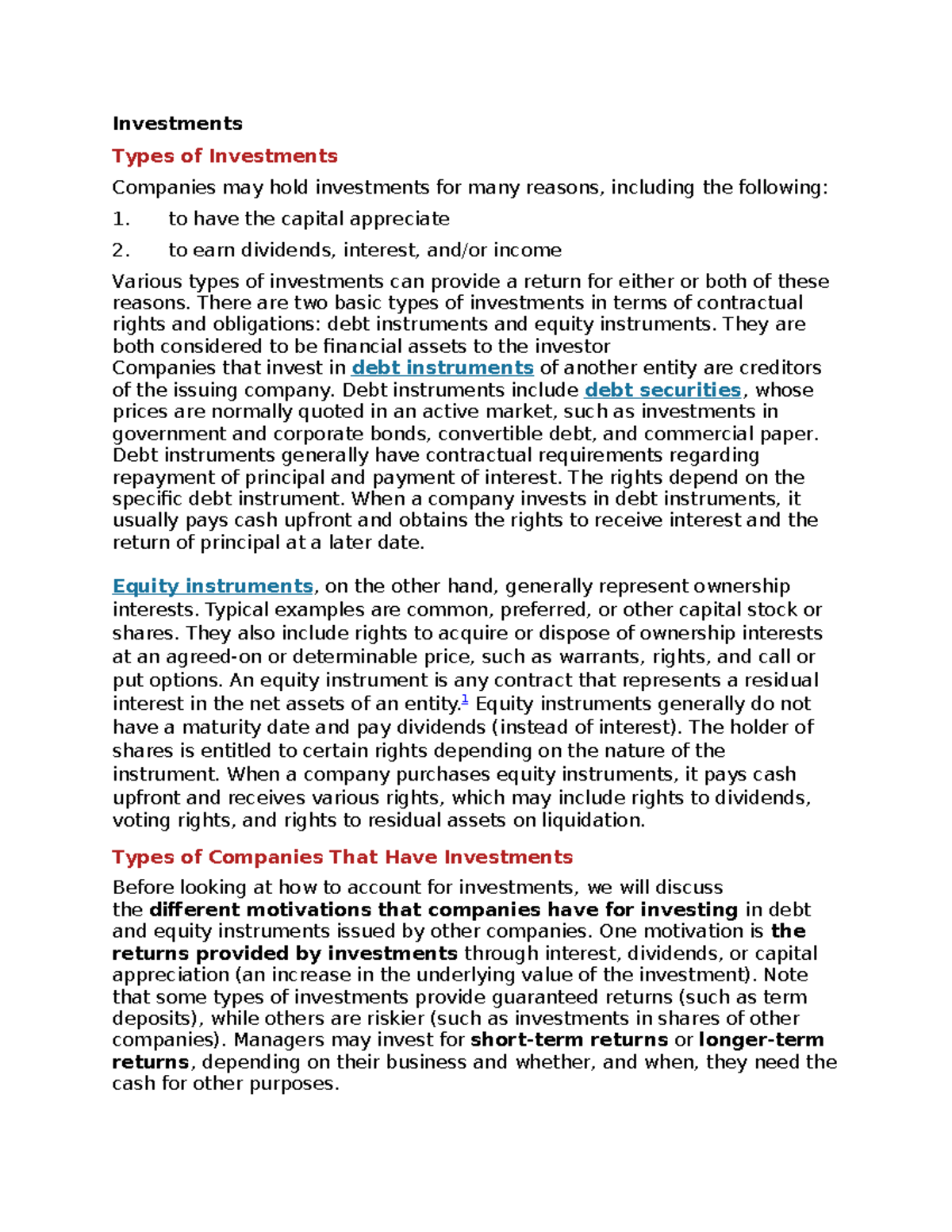 Investments - notes - Investments Types of Investments Companies may ...