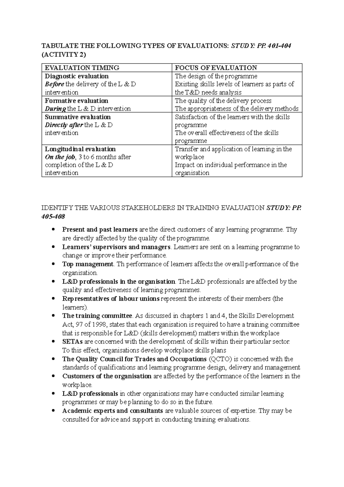 Types OF Evaluations - TABULATE THE FOLLOWING TYPES OF EVALUATIONS ...