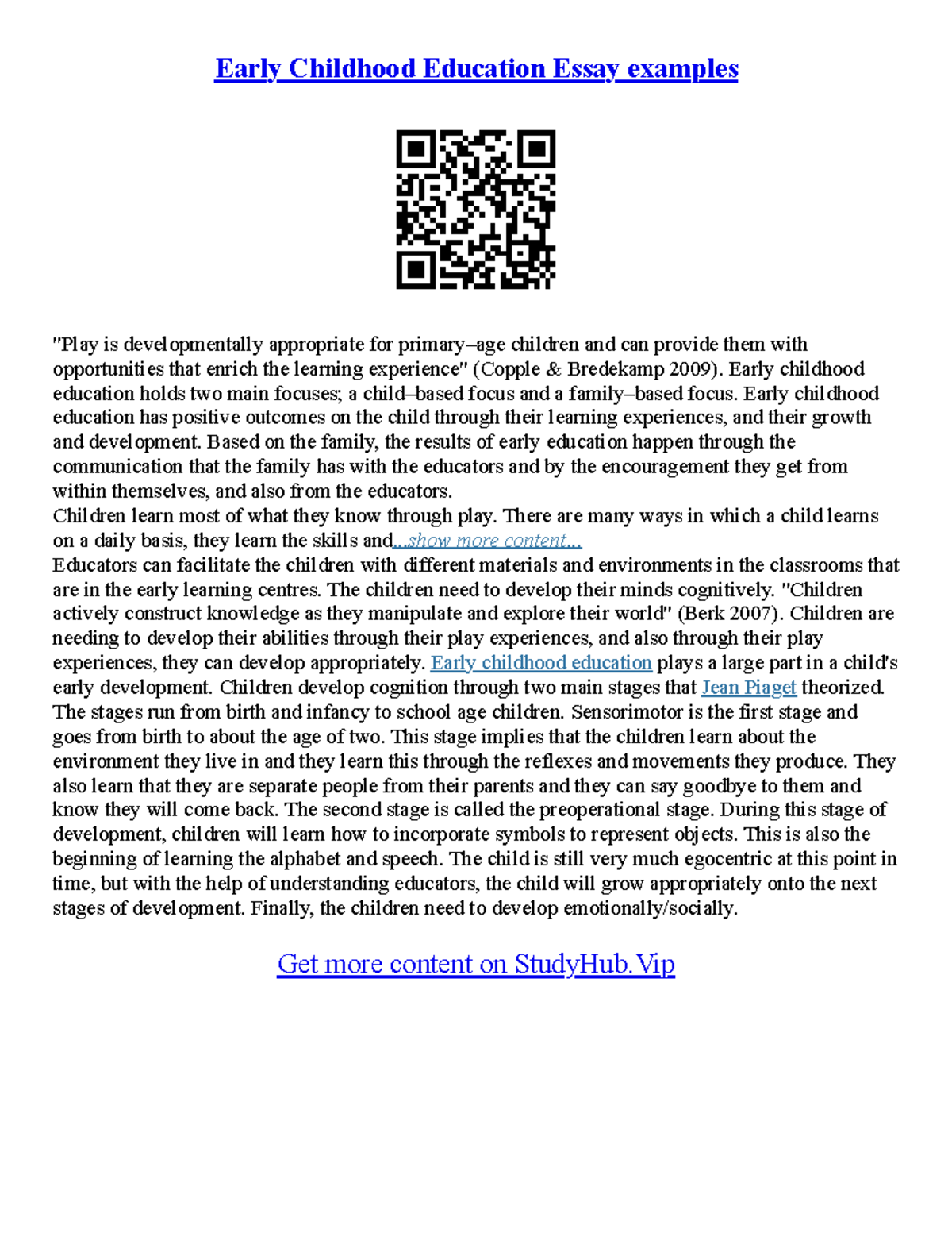 Essay Examples For Kids - Early Childhood Education Essay examples ...