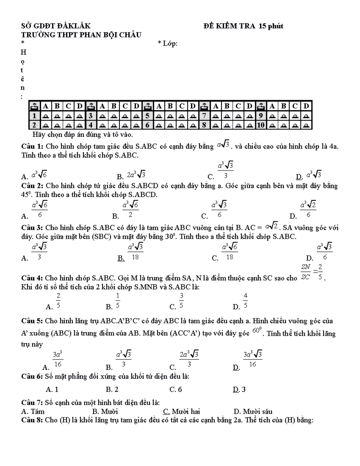 Ktra 15p c1-2 - zvzvzxxv - SỞ GDĐT ĐẮKLẮK ĐỀ KIỂM TRA 15 phút TRƯỜNG THPT PHAN BỘI CHÂU * H ọ t ...