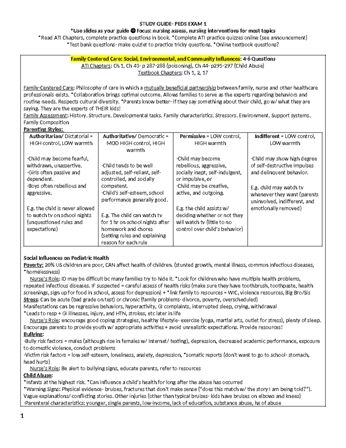 PEDS EXAM 1 Study Guide - STUDY GUIDE- PEDS EXAM 1 *Use slides as your ...