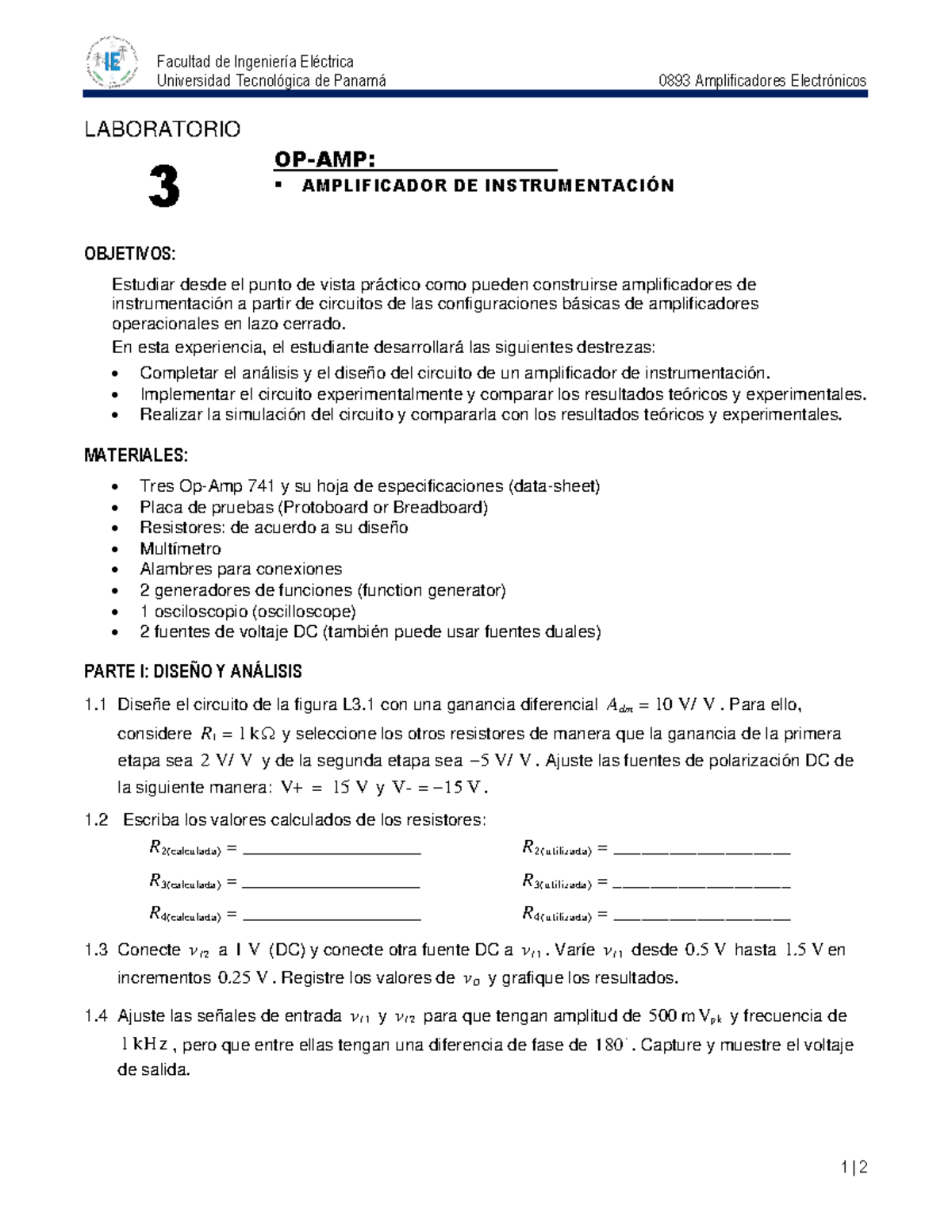 0893 AMP Elect LAB #3 - Facultad de IngenierÌa ElÈctrica Universidad ...