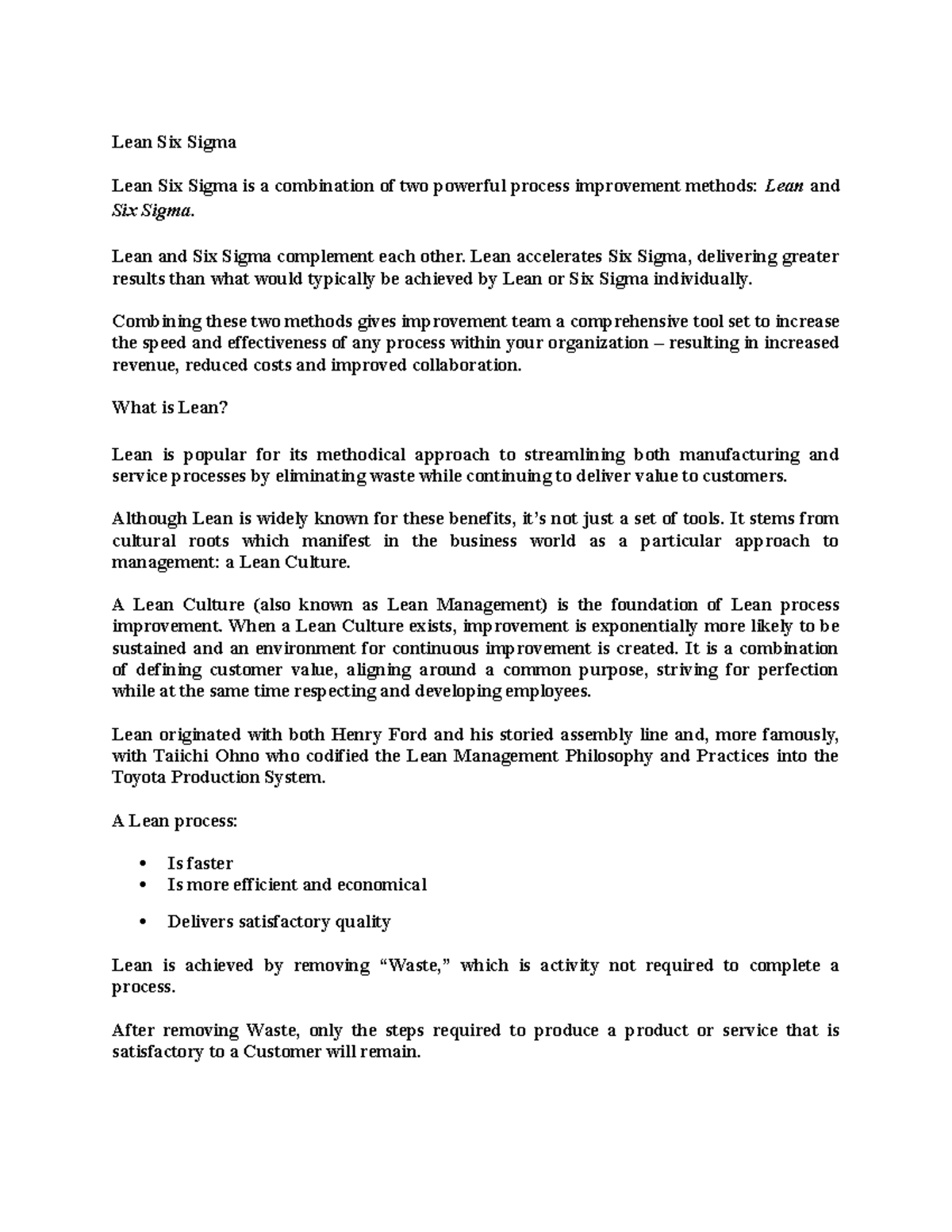 52 Lean Six Sigma - NOTES - Lean Six Sigma Lean Six Sigma is a ...