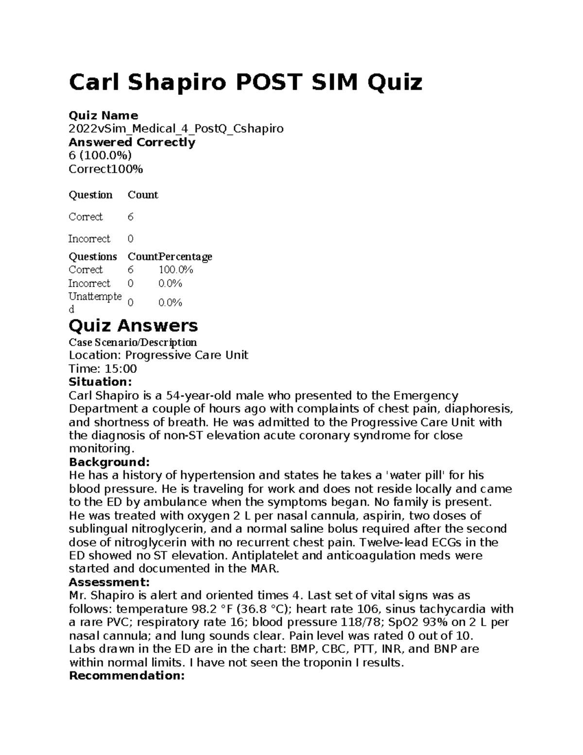 Carl Shapiro POST SIM Quiz - He was admitted to the Progressive Care Unit with the diagnosis of ...