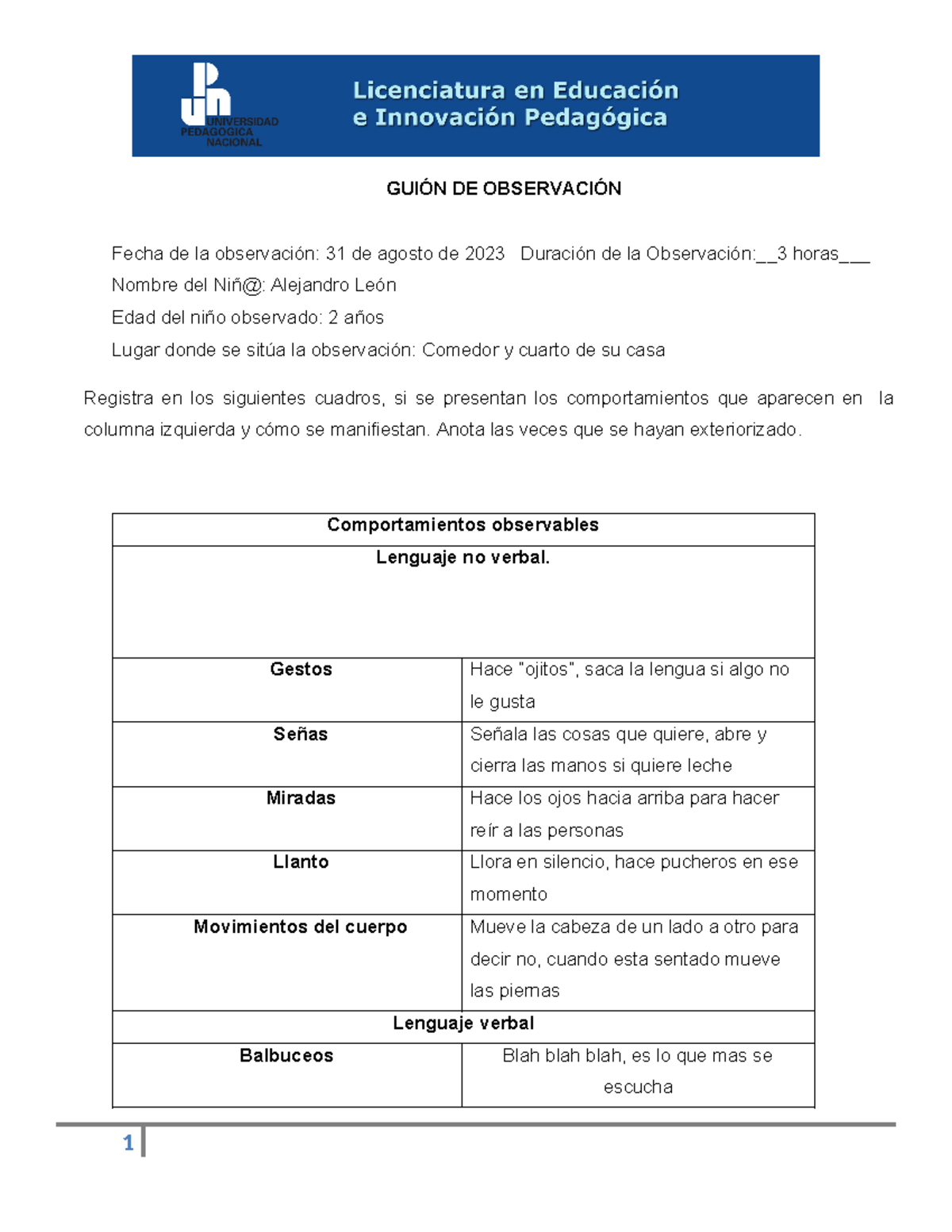 GUÍA DE Observación LEIP1 - GUIÓN DE OBSERVACIÓN Fecha de la ...