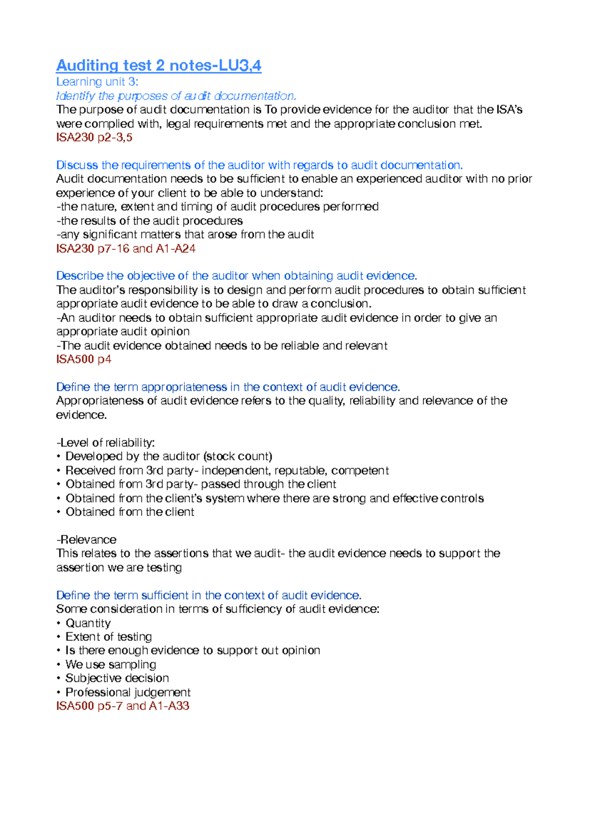 Auditing notes- Audit documentation and obtaining audit evidence ...