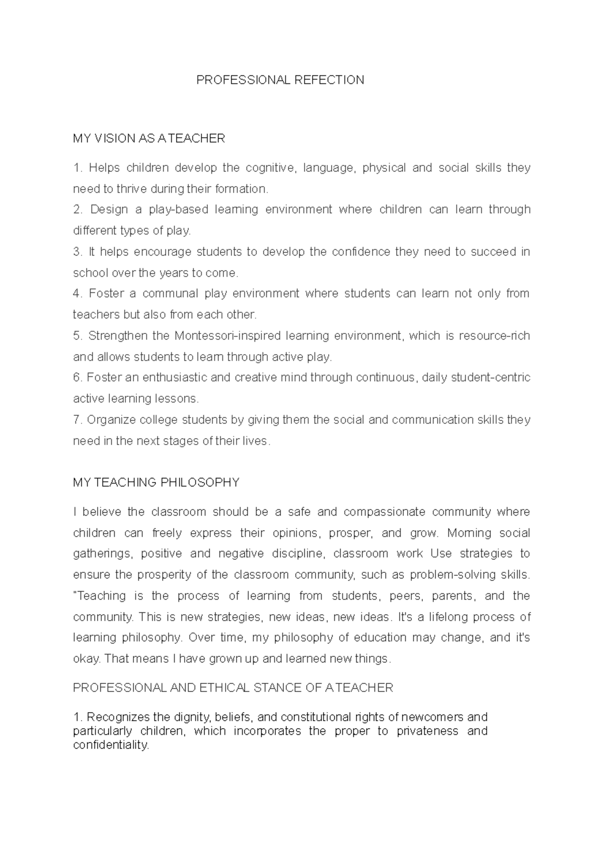 Professional reflection 2022 Final - PROFESSIONAL REFECTION MY VISION ...