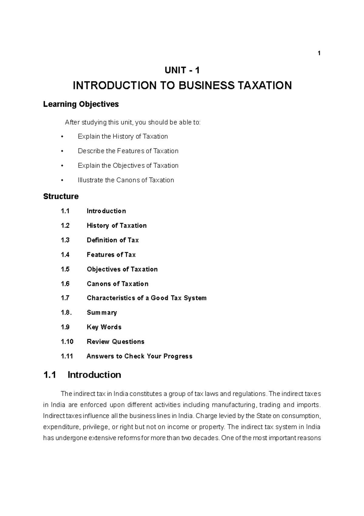 Business Taxation - Full syllubs of the subject - UNIT - 1 INTRODUCTION ...
