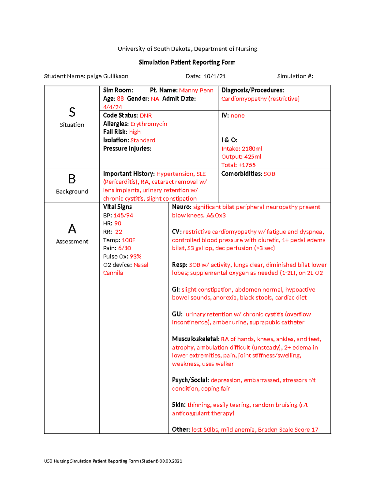 N441 Elimination Sim prep Report Form - University of South Dakota ...