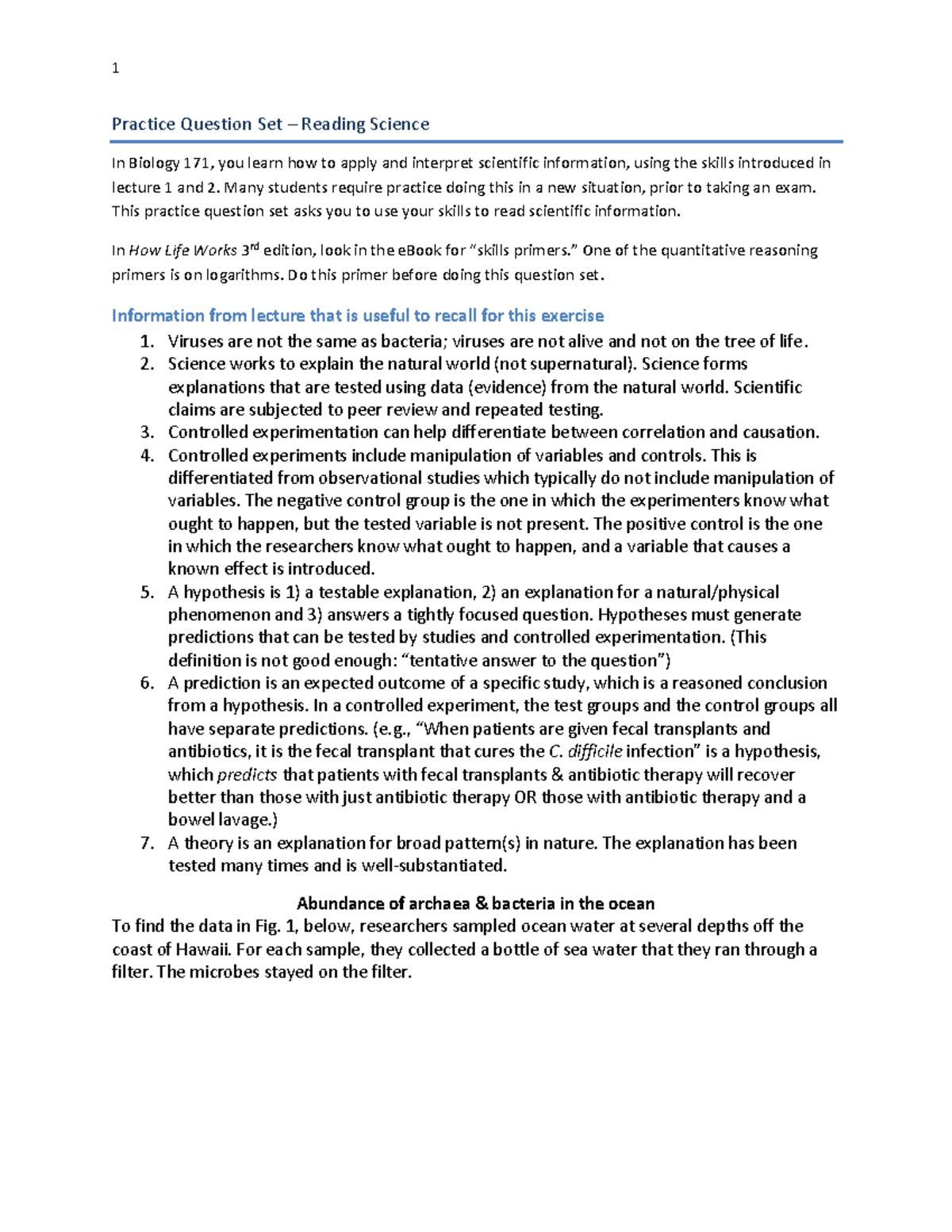 PQ Set 3 Reading Science Key - 1 Practice Question Set – Reading Science In Biology 171, you ...