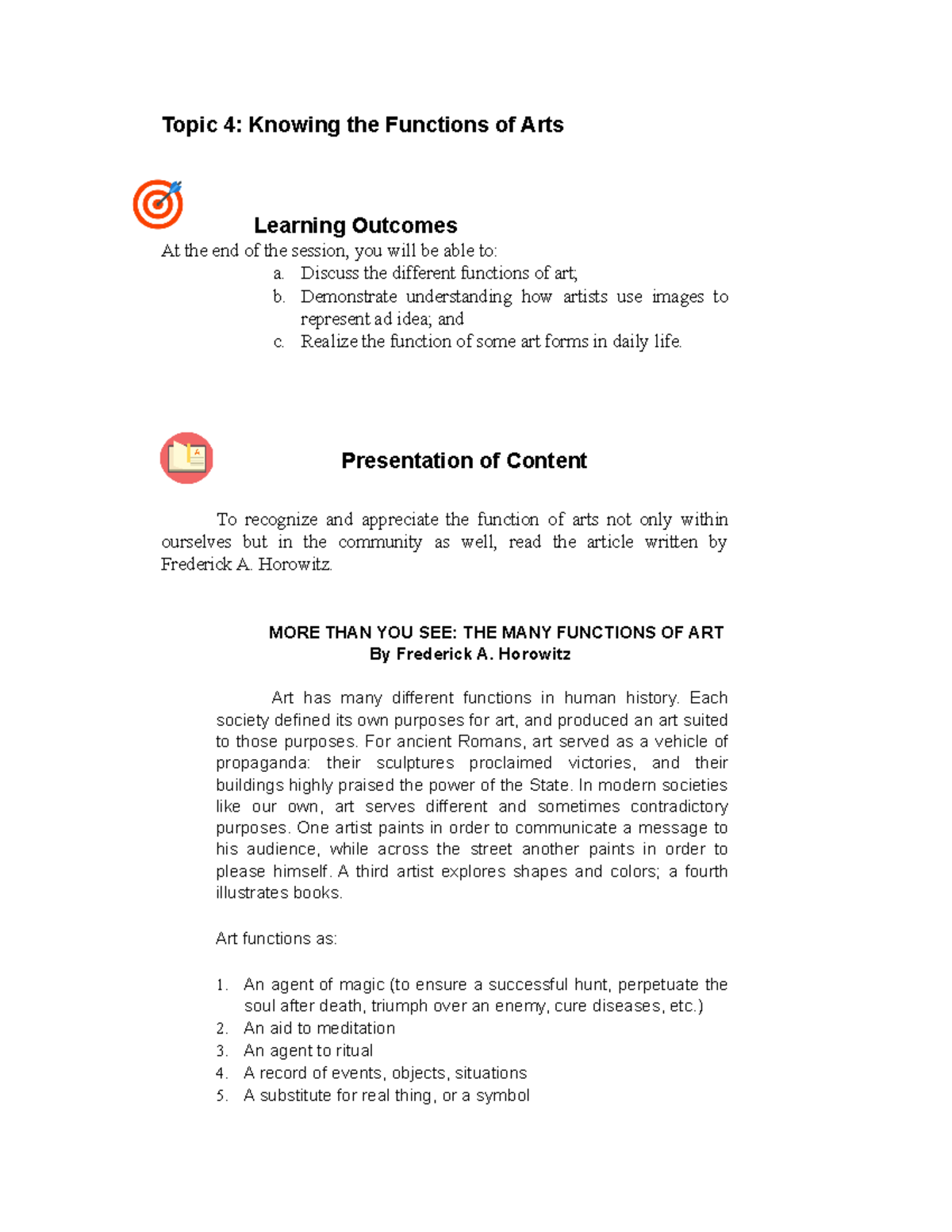 Topic 4 aa - Knowing the function of arts - Topic 4: Knowing the Functions of Arts Learning ...