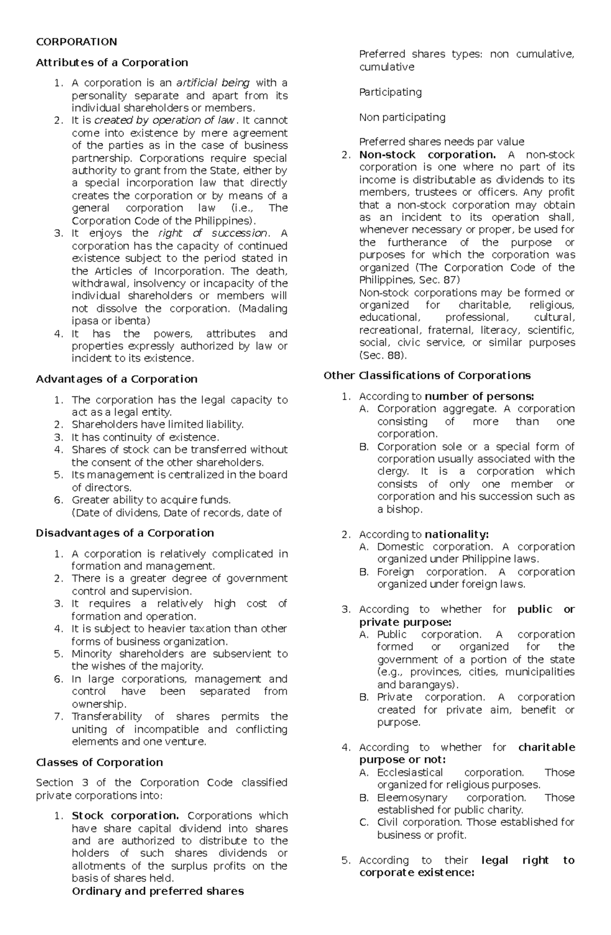 Corporations FAR1A - CORPORATION Attributes of a Corporation 1. A ...