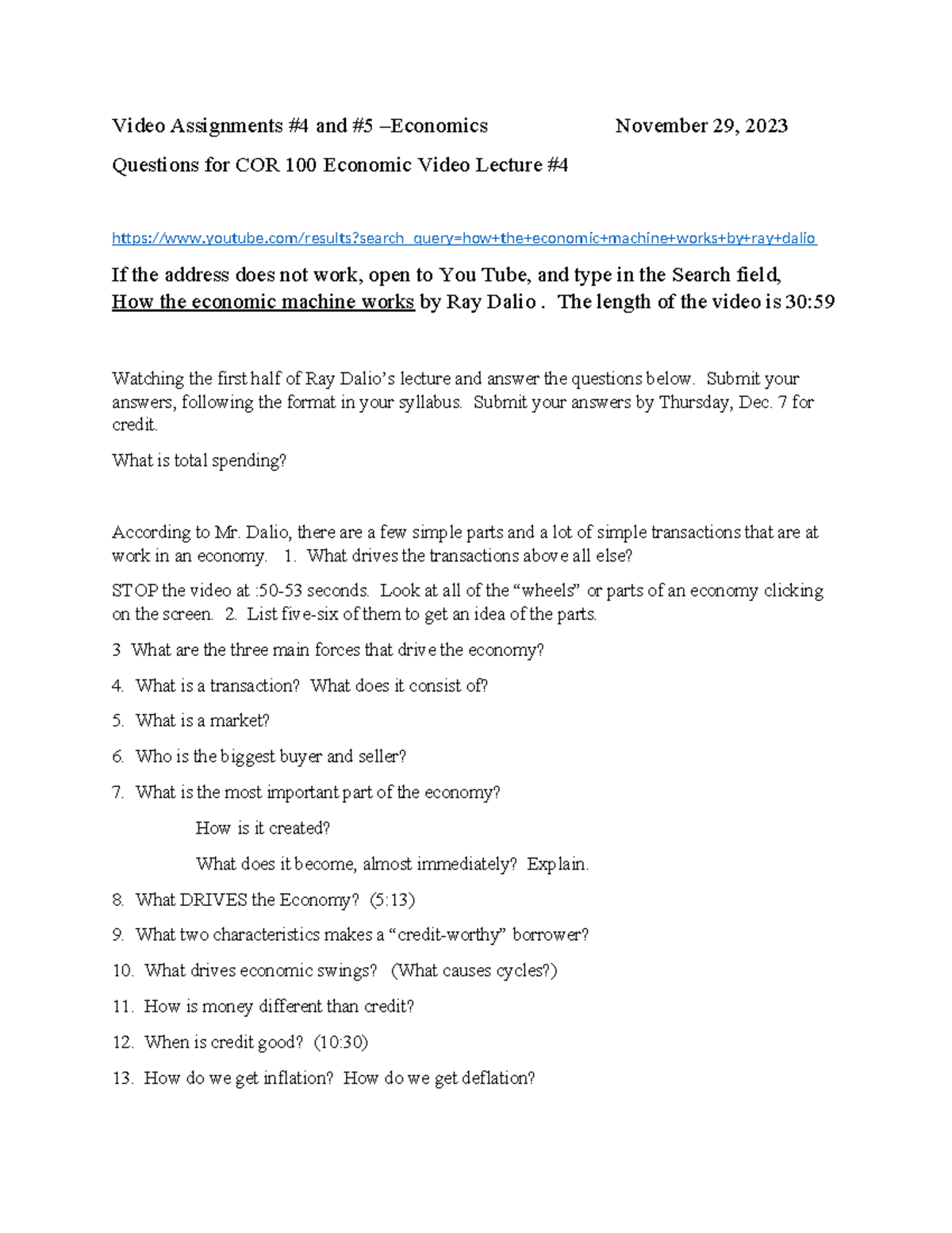 Dalio Video Assignments - Video Assignments #4 and #5 –Economics ...