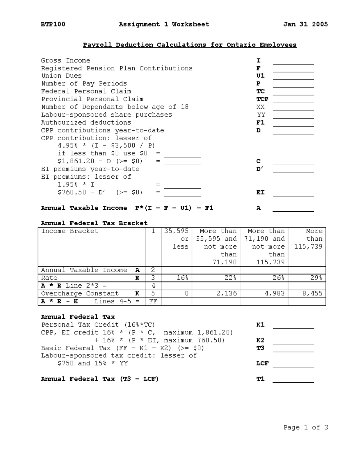 A1-work - sadf - BTP100 Assignment 1 Worksheet Jan 31 2005 Payroll ...