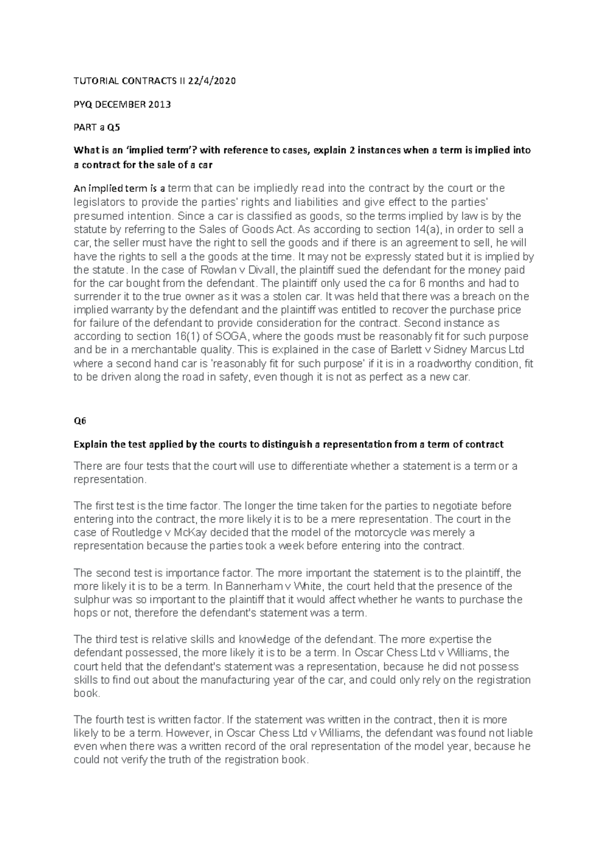 Tutorial Contracts II - TUTORIAL CONTRACTS II 22/4/ PYQ DECEMBER 2013 ...