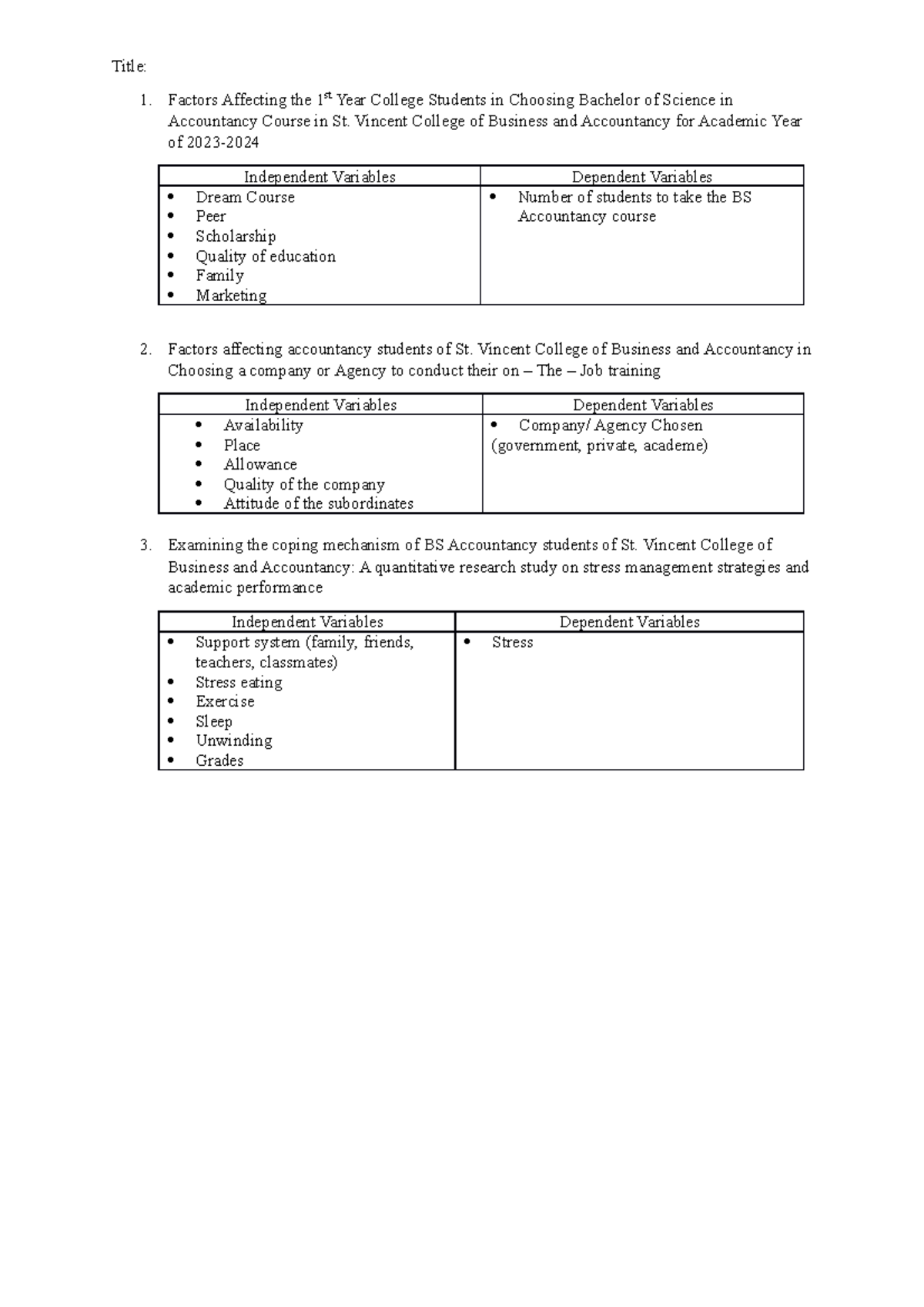 Title AND Schedule - haha - Title: Factors Affecting the 1st Year ...