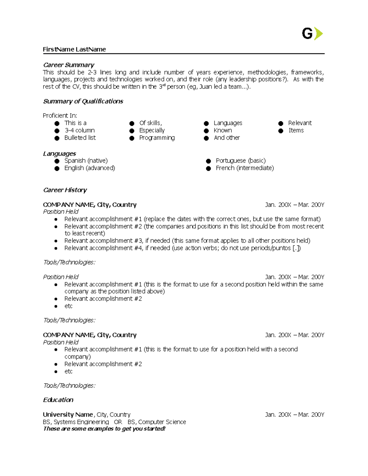 [ Template] CV Globant - aninimo - FirstName LastName Career Summary ...