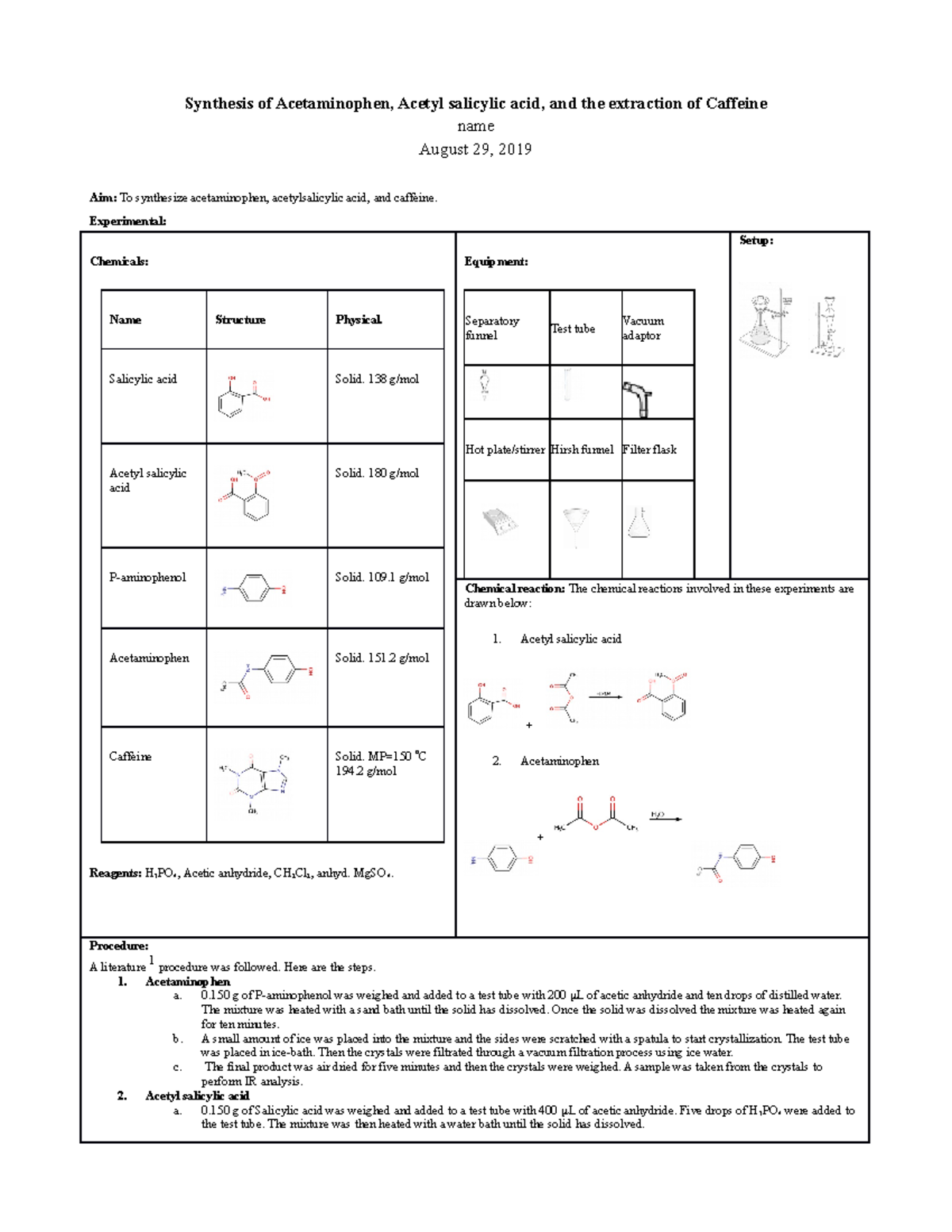 Chem lab 1 - lab - Synthesis of Acetaminophen, Acetyl salicylic acid ...