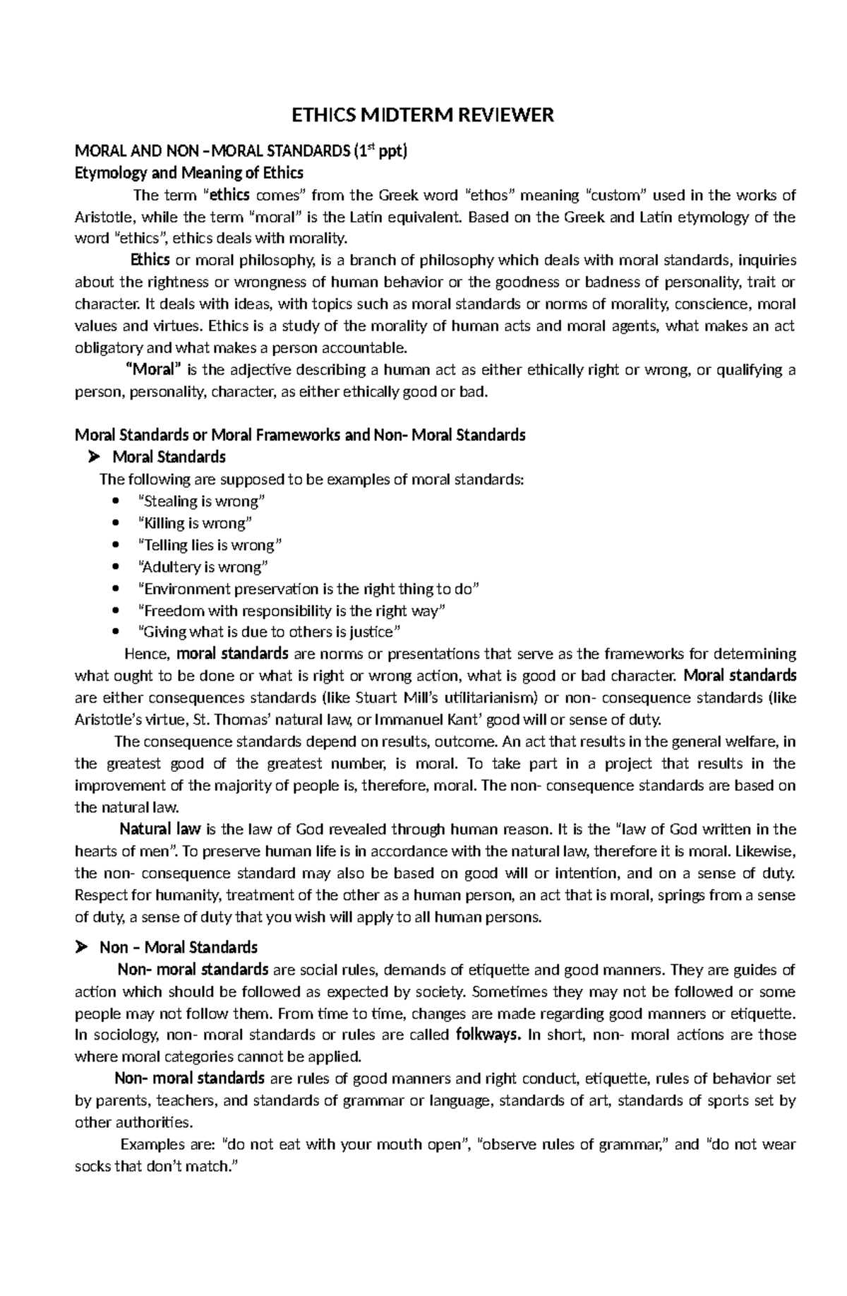 Ethics Midterm Reviewer - ETHICS MIDTERM REVIEWER MORAL AND NON –MORAL ...