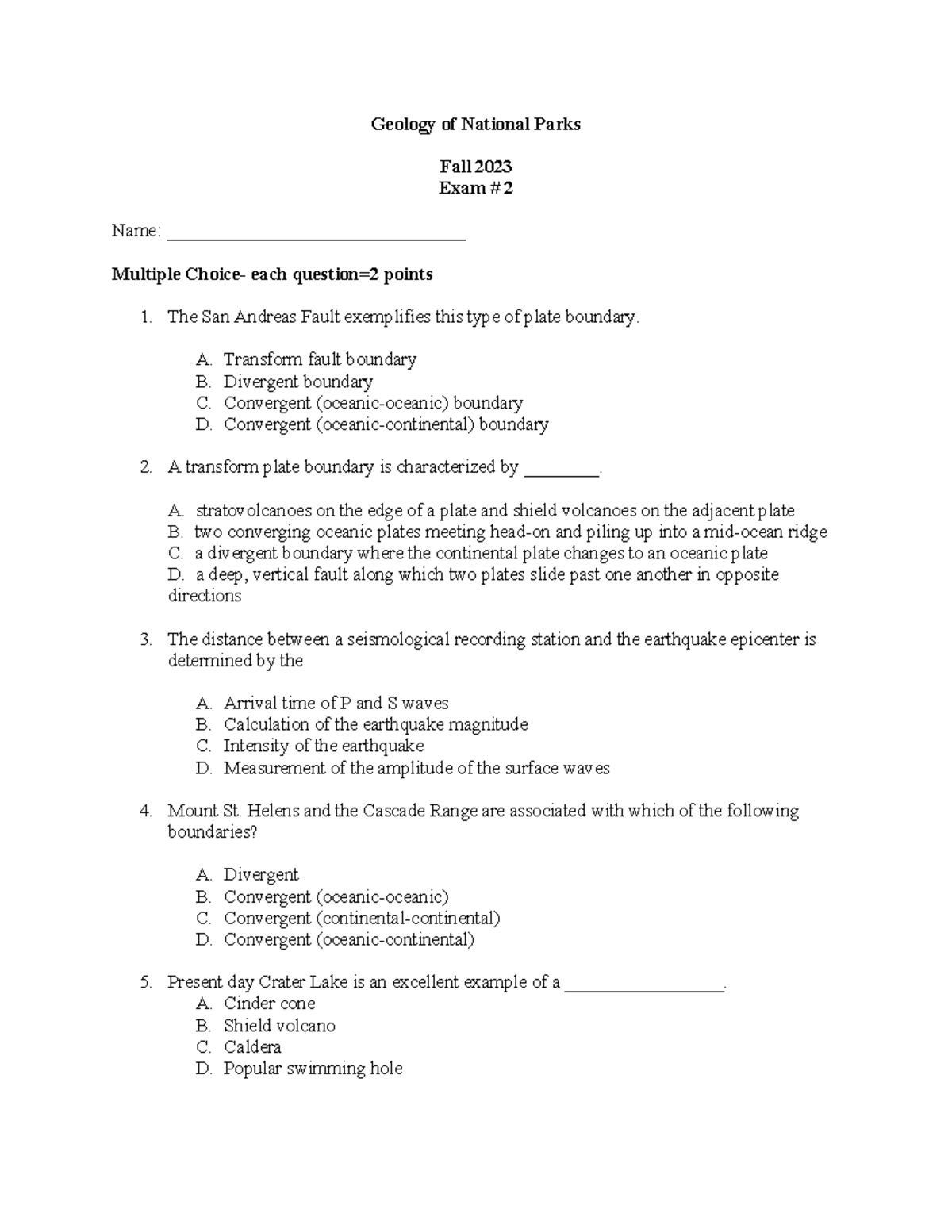 National Parks-Exam #2-1 - Geology of National Parks Fall 2023 Exam # 2 ...