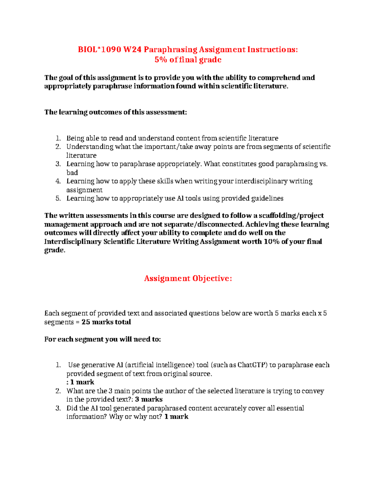 Paraphrasing Assignment BIOL 1090 - BIOL*1090 W24 Paraphrasing ...