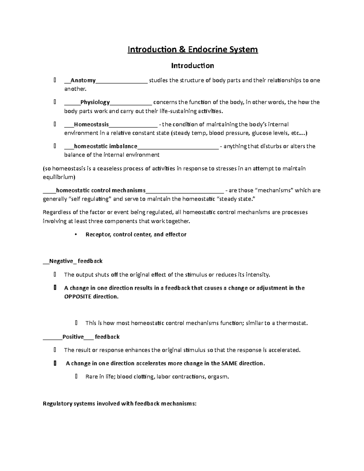 Introduction & Endocrine Notes - Introduction & Endocrine System ...