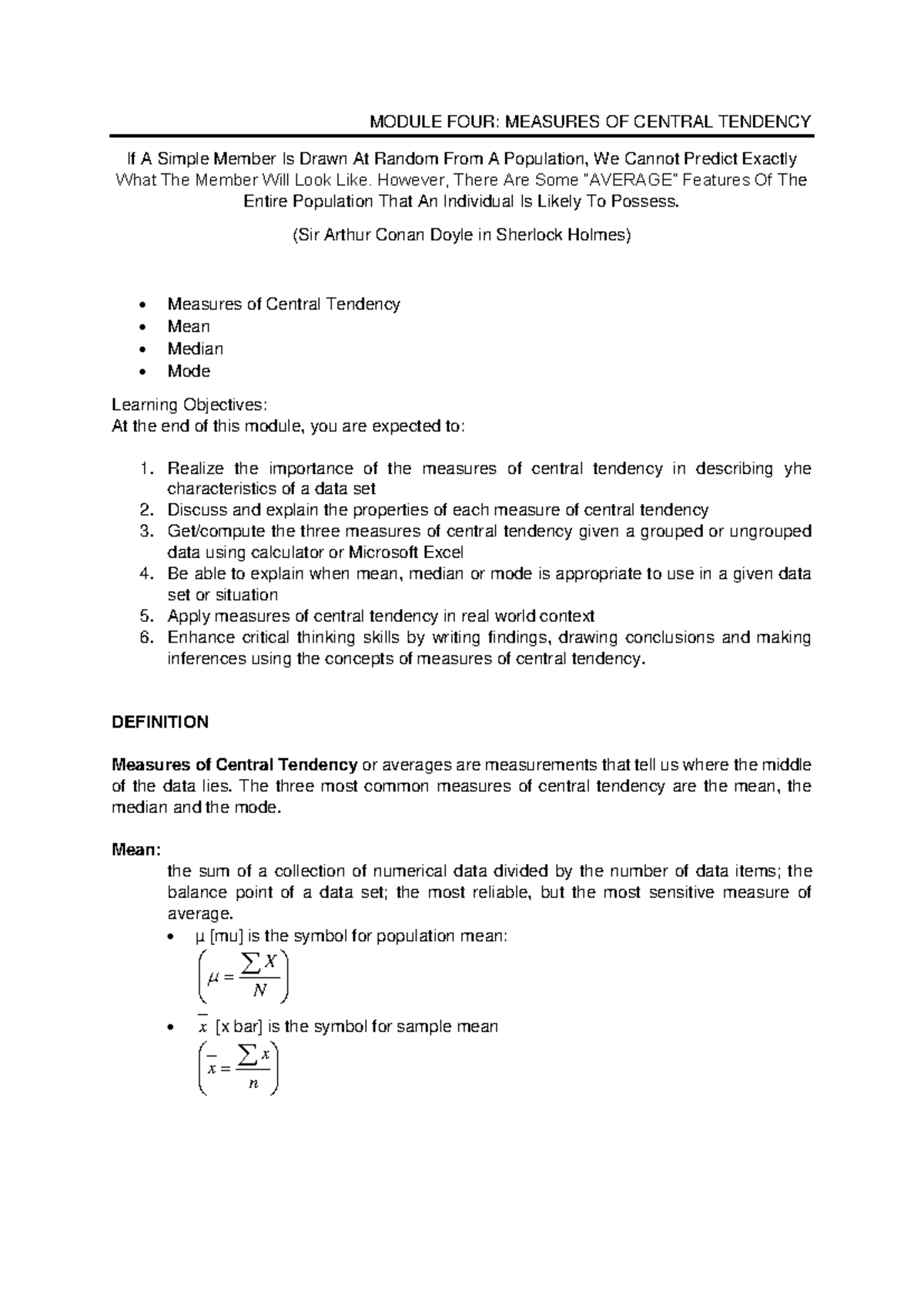 Math-4- Module-4 ungrouped - MODULE FOUR: MEASURES OF CENTRAL TENDENCY ...