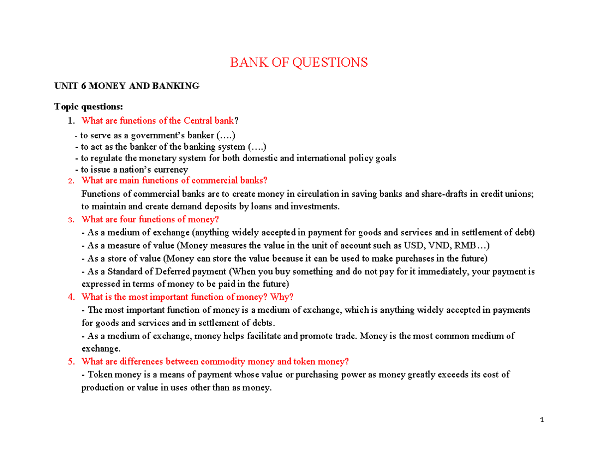 Banks OF Questions - question thi tacn - BANK OF QUESTIONS UNIT 6 MONEY ...
