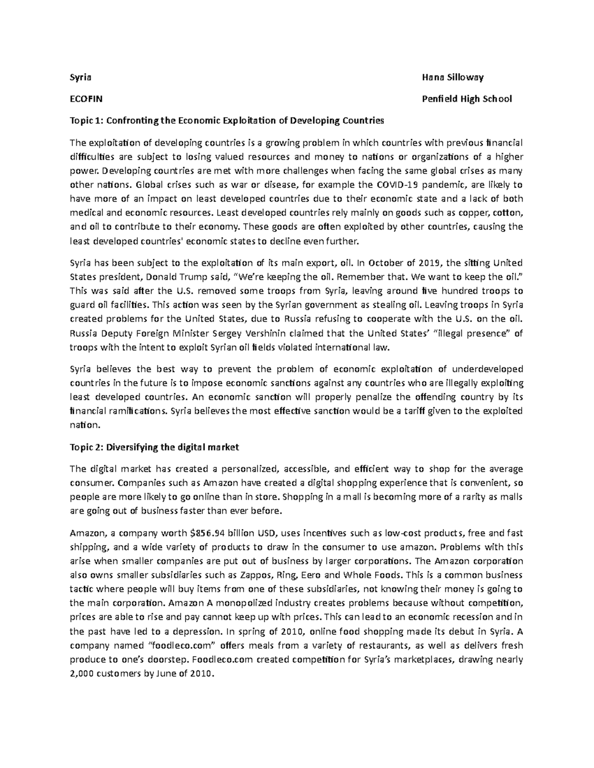 Ecofin position paper 2023 - Syria Hana Silloway ECOFIN Penfield High ...