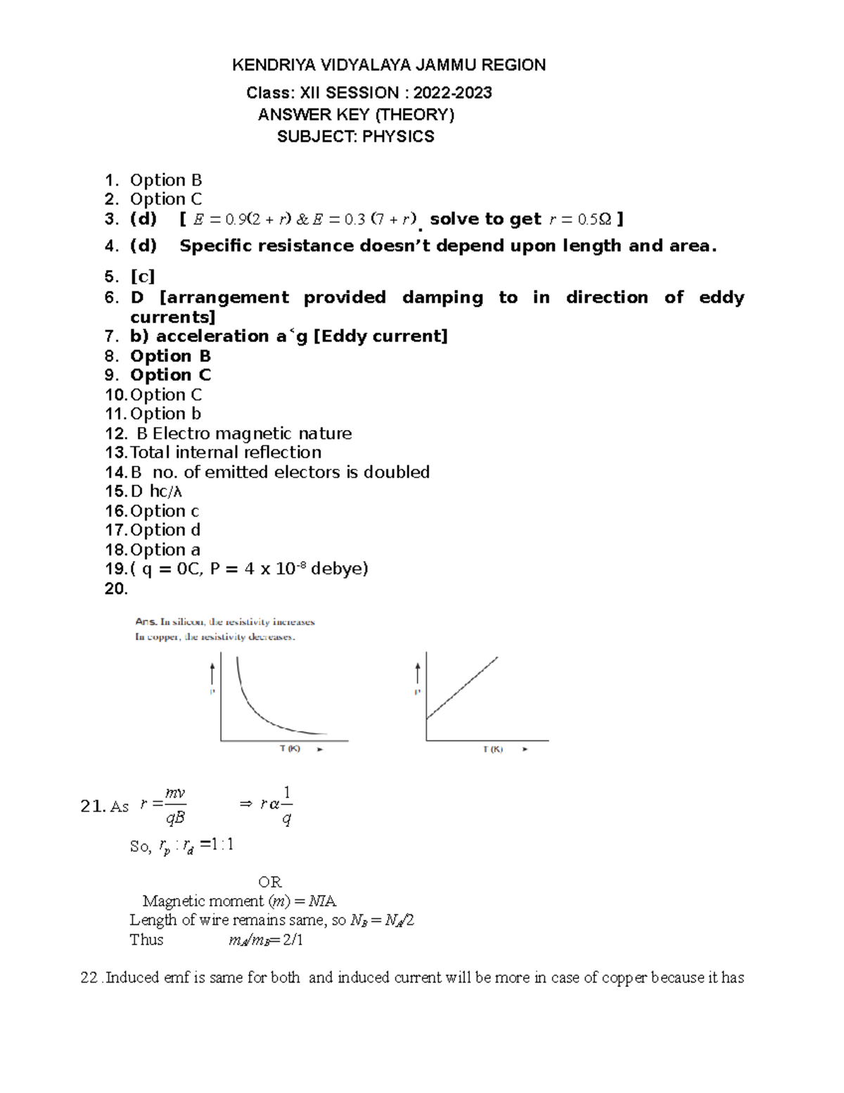 Answer KEY KVL Sample Paper - KENDRIYA VIDYALAYA JAMMU REGION Class: XII SESSION : 2022- ANSWER ...