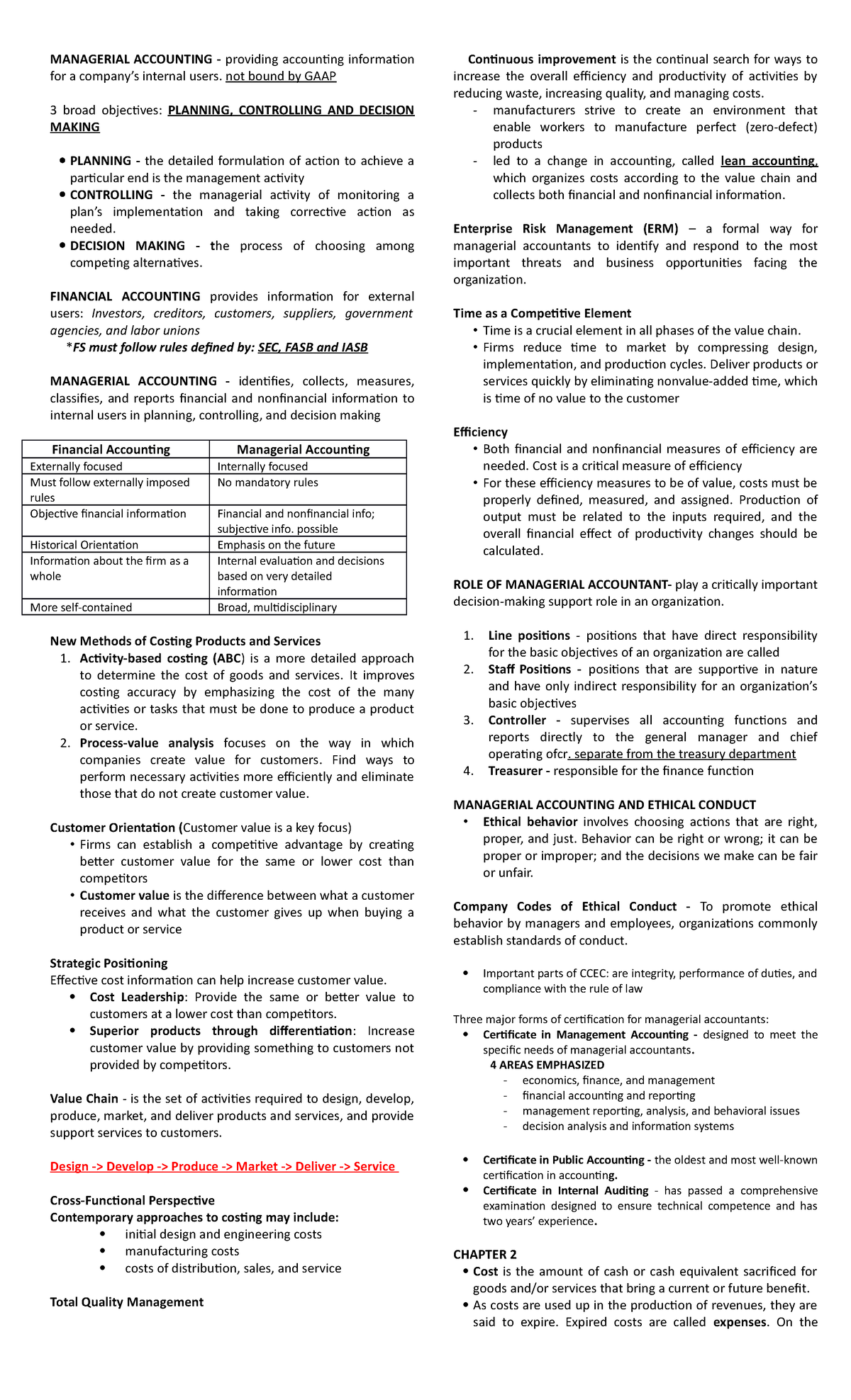 Chapter 1 - 2 Notes - MAS 1 - MANAGERIAL ACCOUNTING - providing ...
