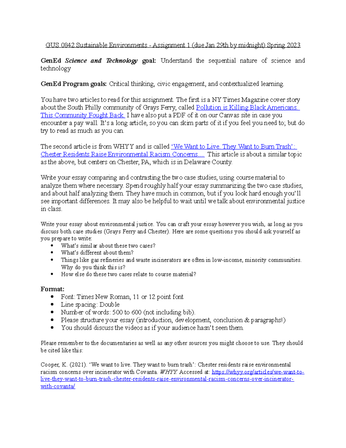 Assignment 1 - EJ Philadelphia-1 - GUS 0842 Sustainable Environments - Assignment 1 (due Jan ...