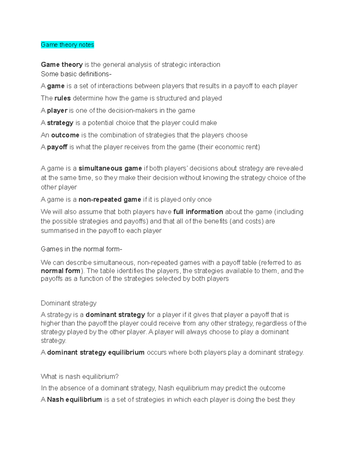 Game Theory Notes Game Theory Notes Game Theory Is The General