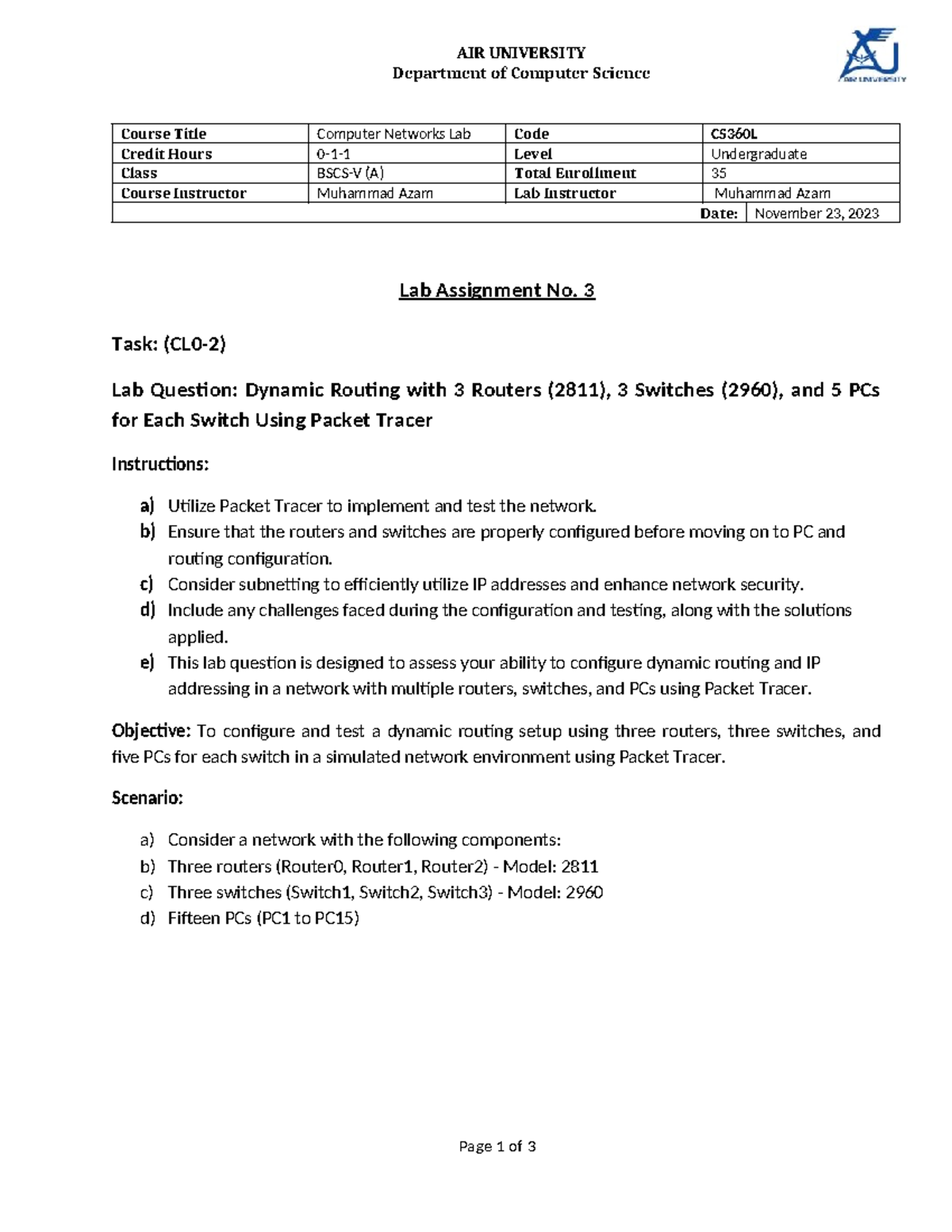 Dynamic Routing Quiz Fgnbdg Air University Department Of Computer Science Course Title