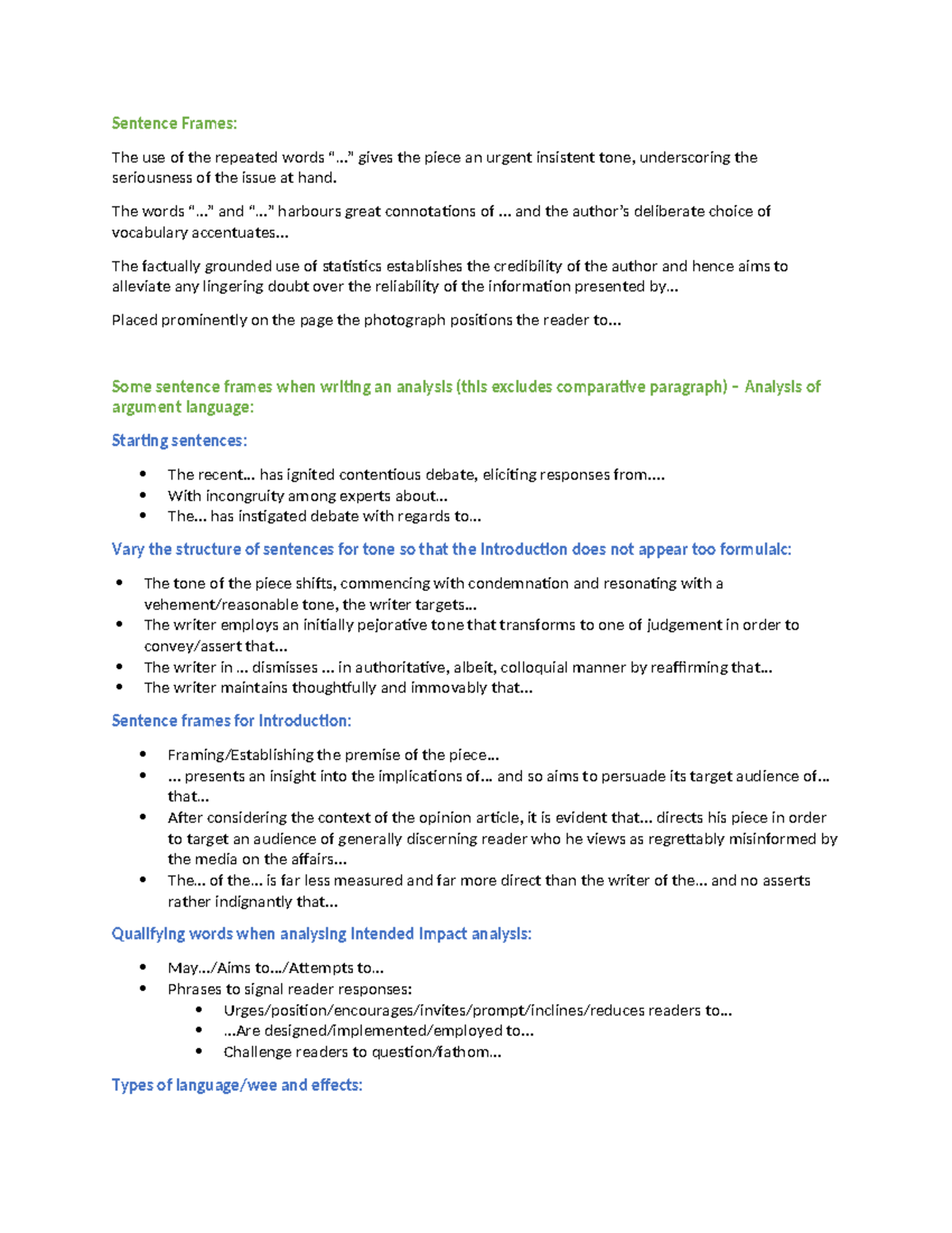 Sentence Frames - Sentence Frames: The use of the repeated words ...