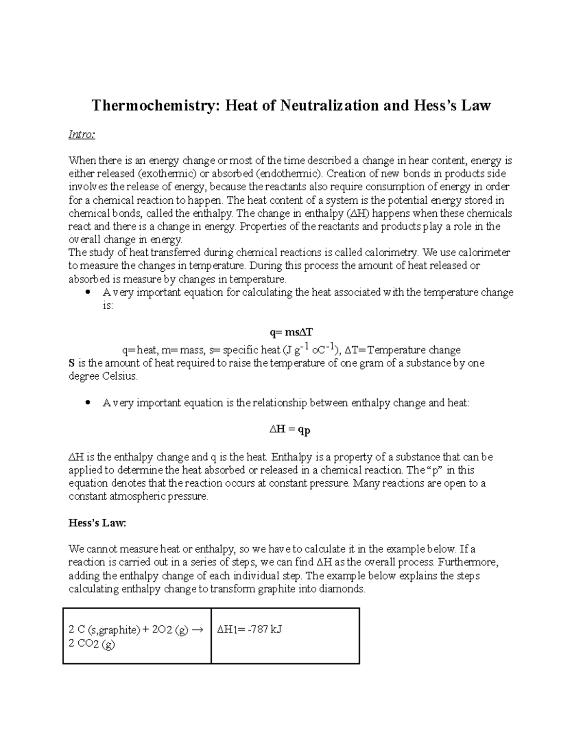 Lab Report Nr 6 - lab 6 - Thermochemistry: Heat of Neutralization and ...